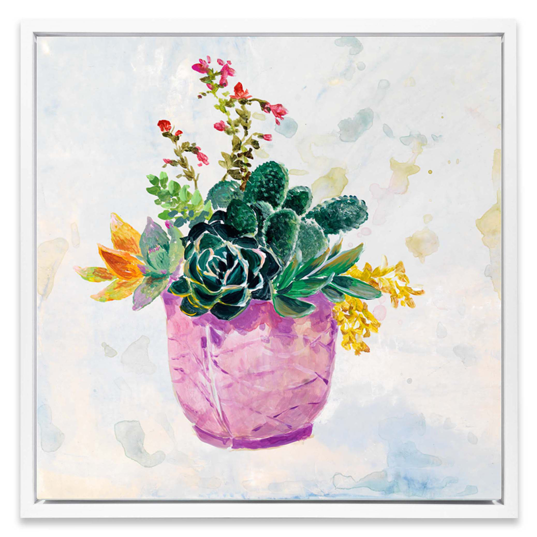 Tableau FLEUR Cactus dans pot rose Caisse américaine en bois blanc ...