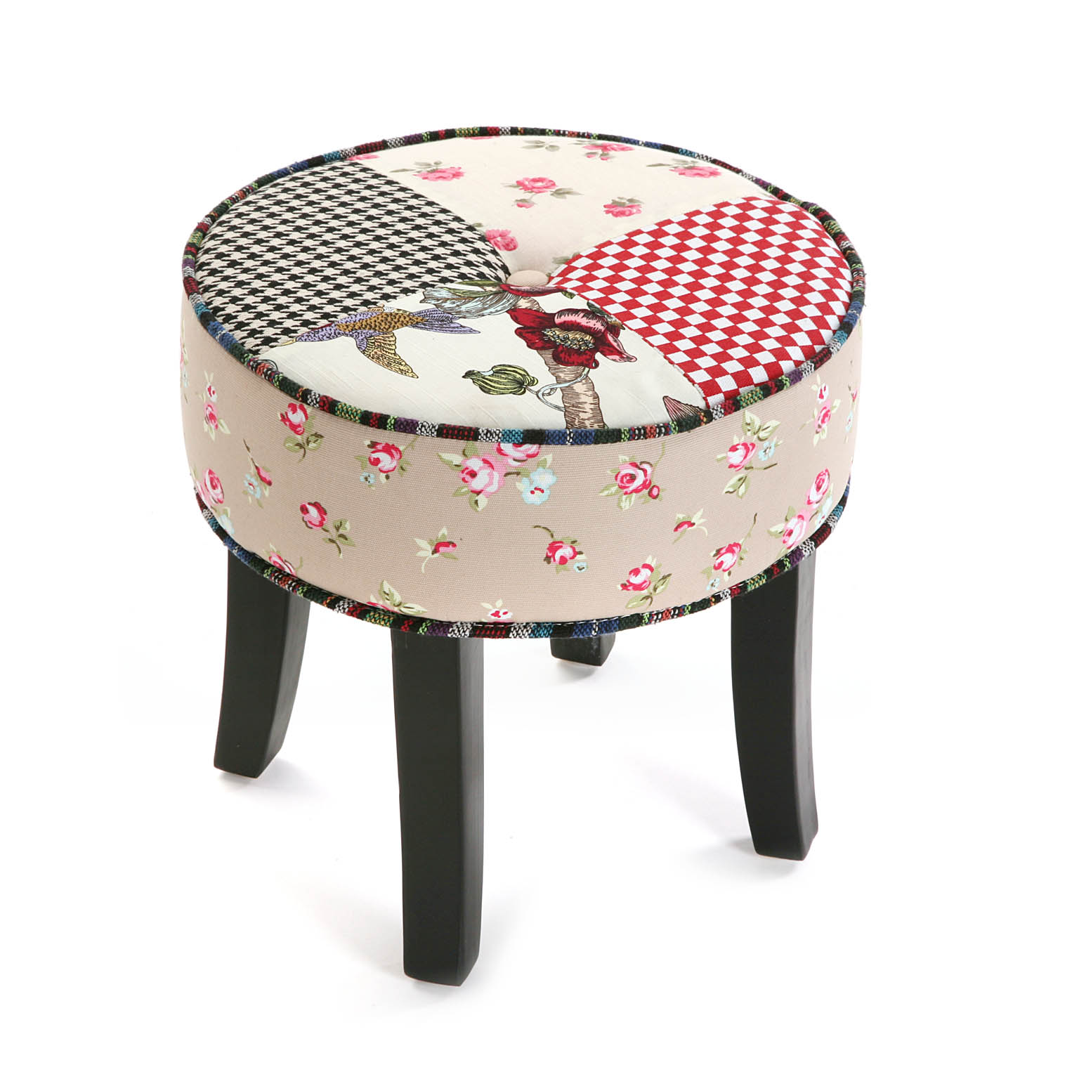 Tabouret pouf Romantique rond en tissu Patchwork coloré et pieds bois ...