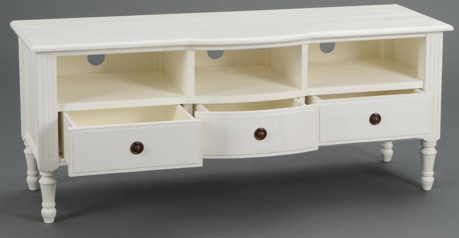 Meuble TV Classique Chic 3 tiroirs, 3 niches AGATHE 120x40x50cm Blanc ...