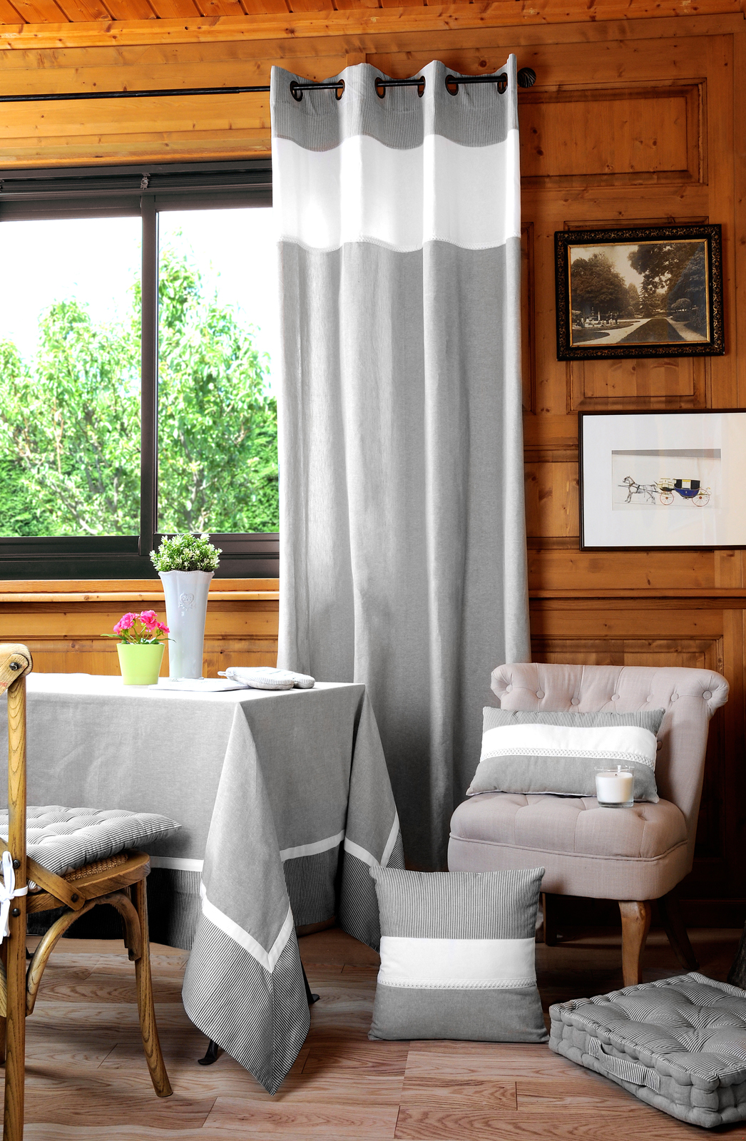 Rideau charme couleur gris rayé blanc avec dentelle 135x260cm à ...