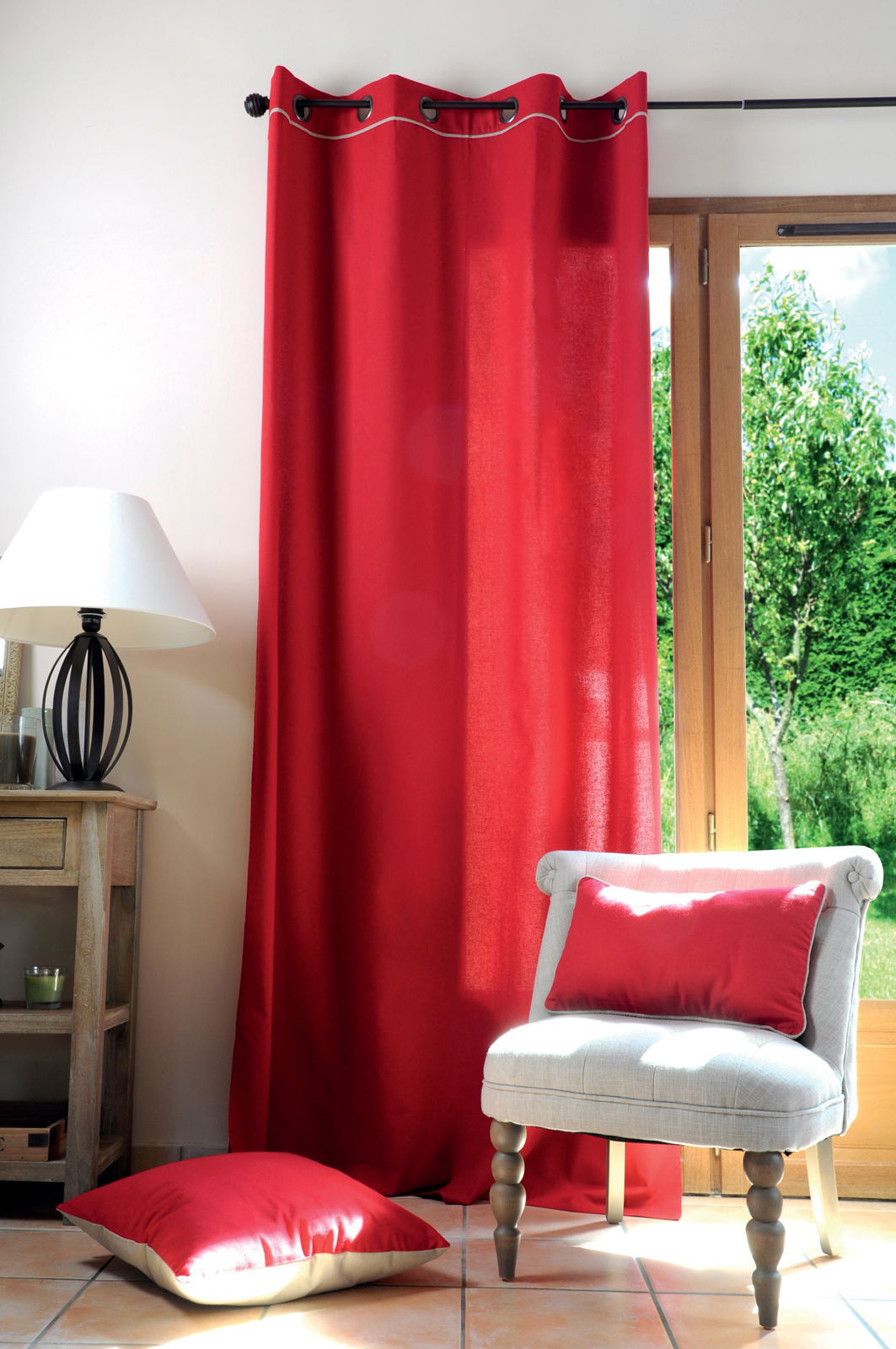 Rideau uni rouge et liseré lin 140x280cm 100% coton DUO | Rideaux ...
