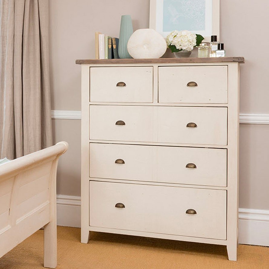 Commode blanche bois recyclé 5 tiroirs BRISTOL | Commodes | Pier Import