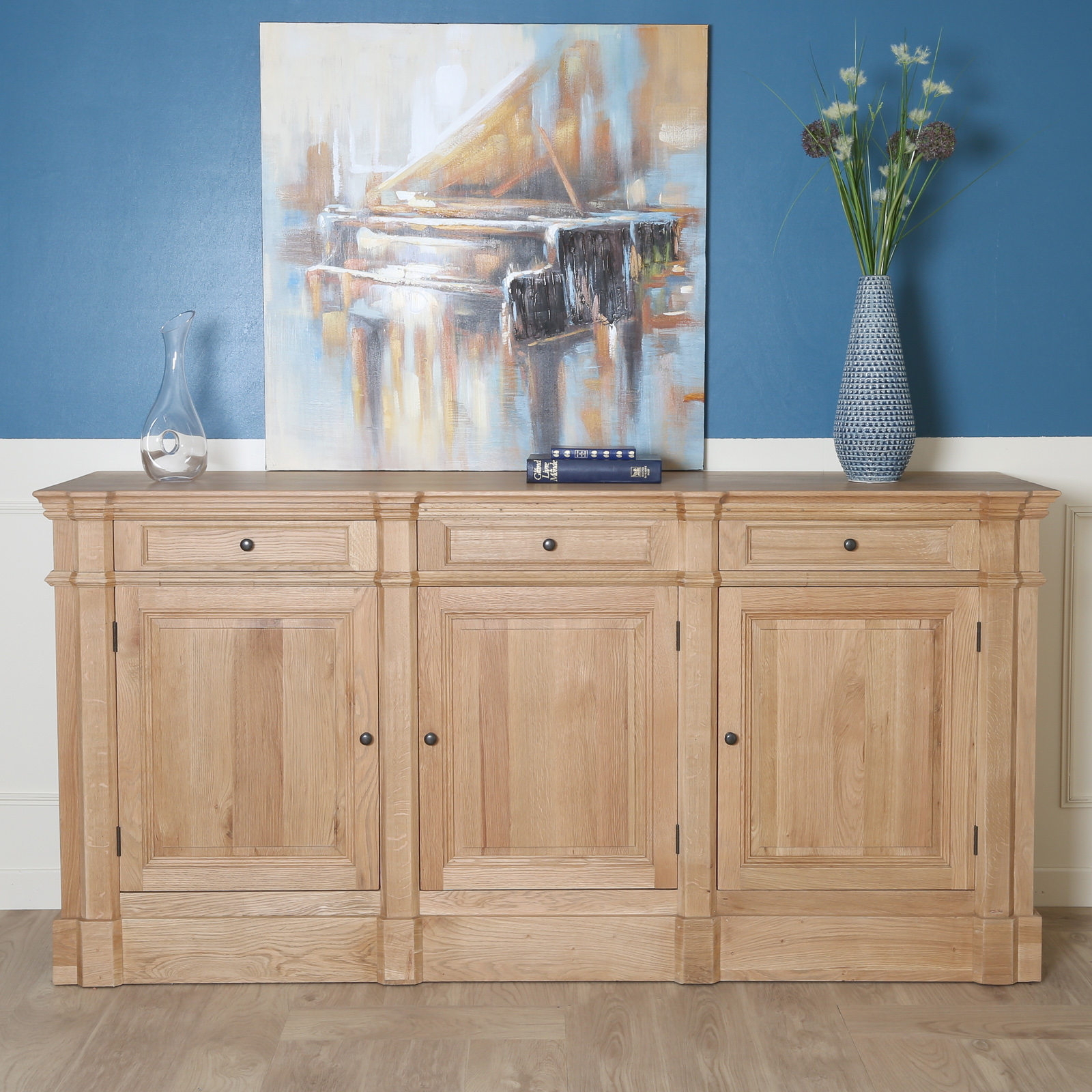 Buffet 3 tiroirs 3 portes Classique Chêne massif 205x55x101cm MEDICIS ...