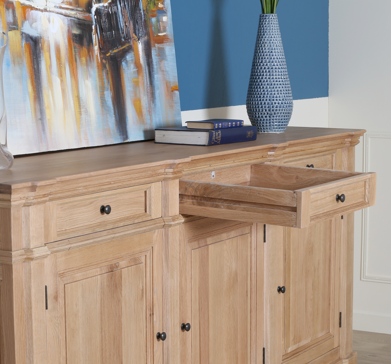 Buffet 3 tiroirs 3 portes Classique Chêne massif 205x55x101cm MEDICIS ...