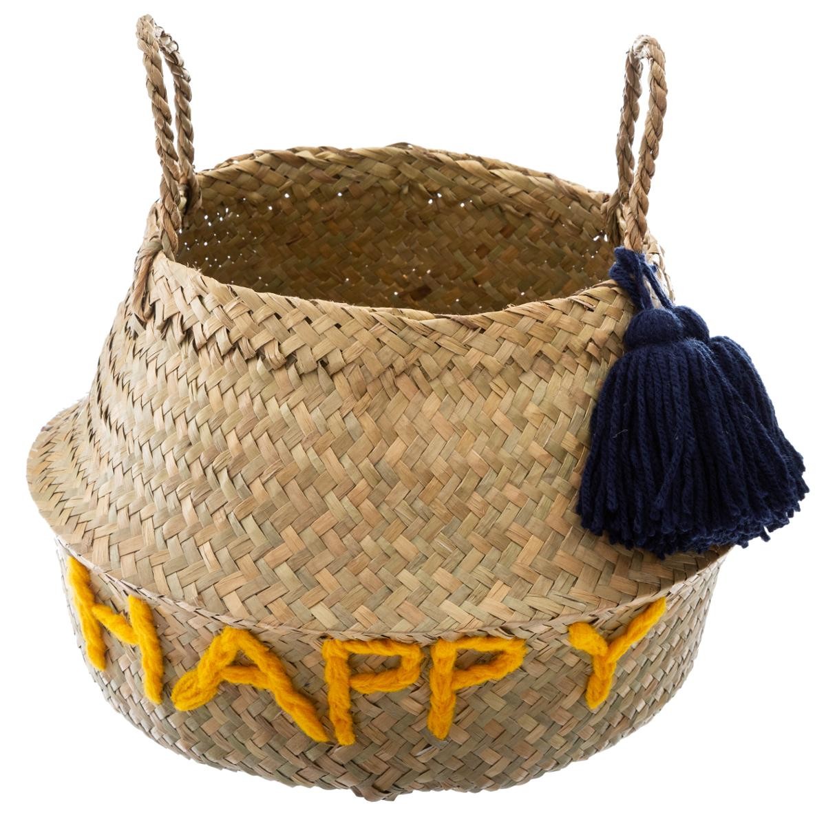 Panier rond en osier décor "Happy" jaune | Paniers / Boîtes de ...