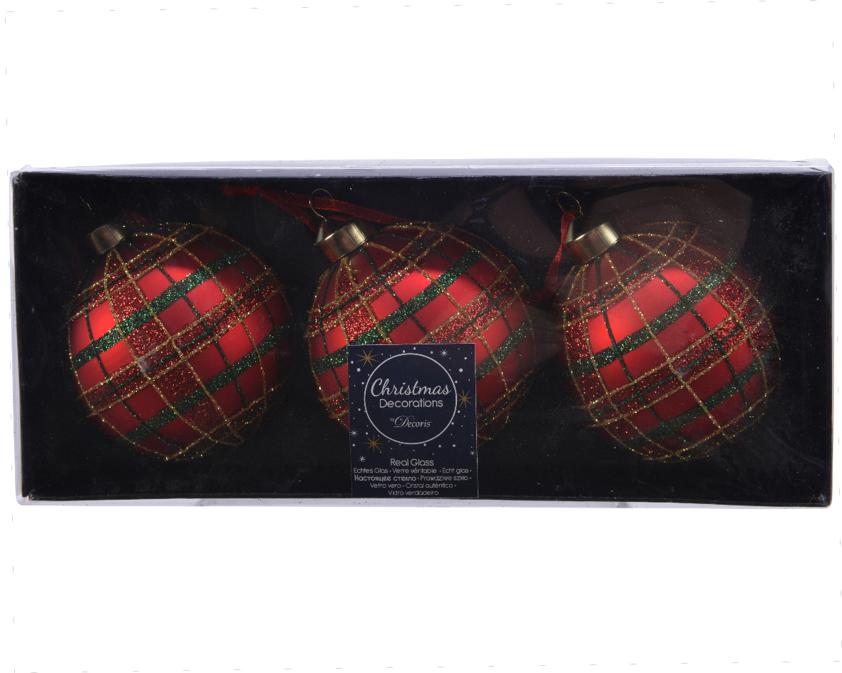 Boules de Noël en verre rouge avec motif écossais (boîte de 3 ...