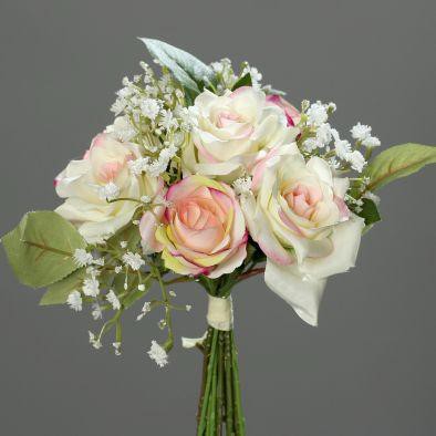 Bouquet de roses et gypsophile coloris rose et crème, 20cm | Fleurs ...