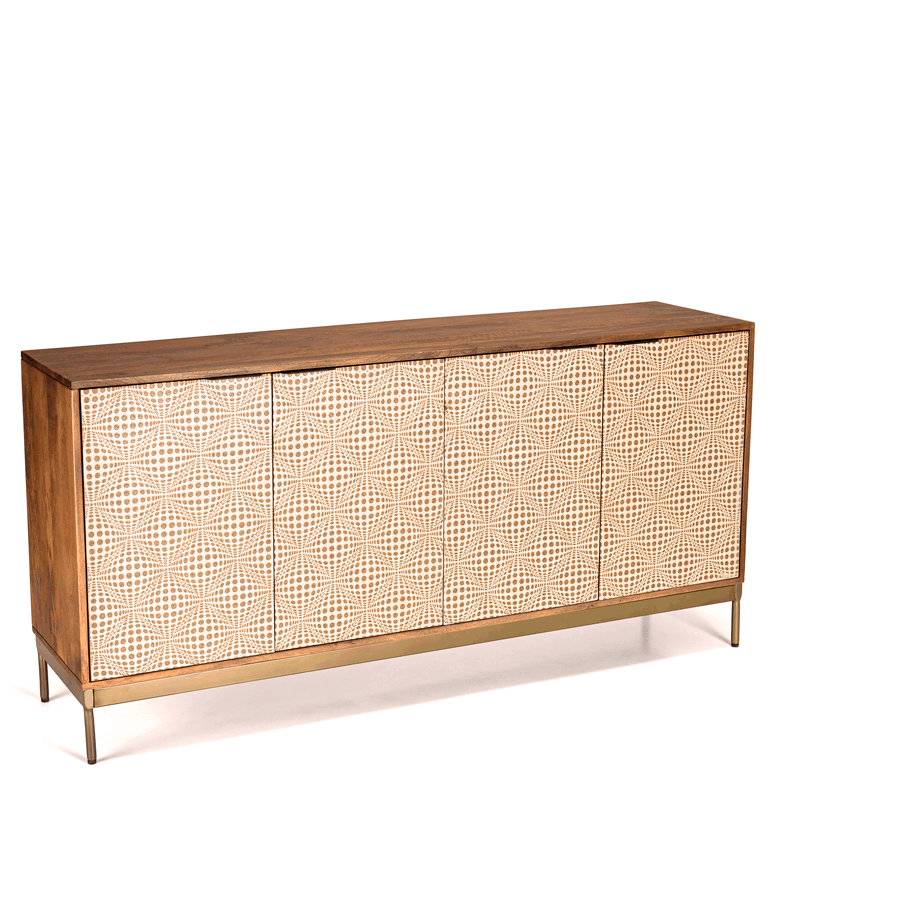 Buffet vintage manguier 4 portes motifs losanges pieds métal doré KANHA ...