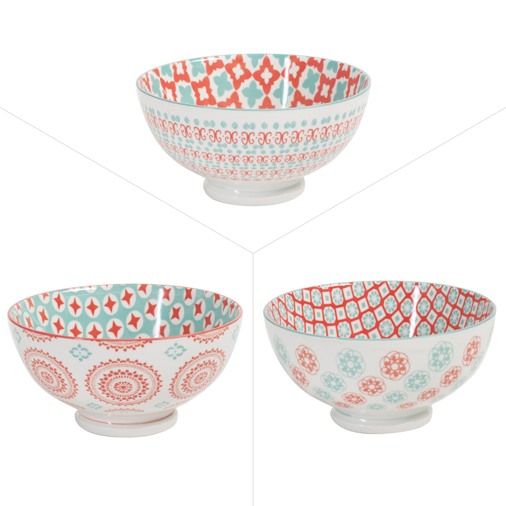 Lot de 3 bols décor graphique porcelaine tons orangés et turquoises ...