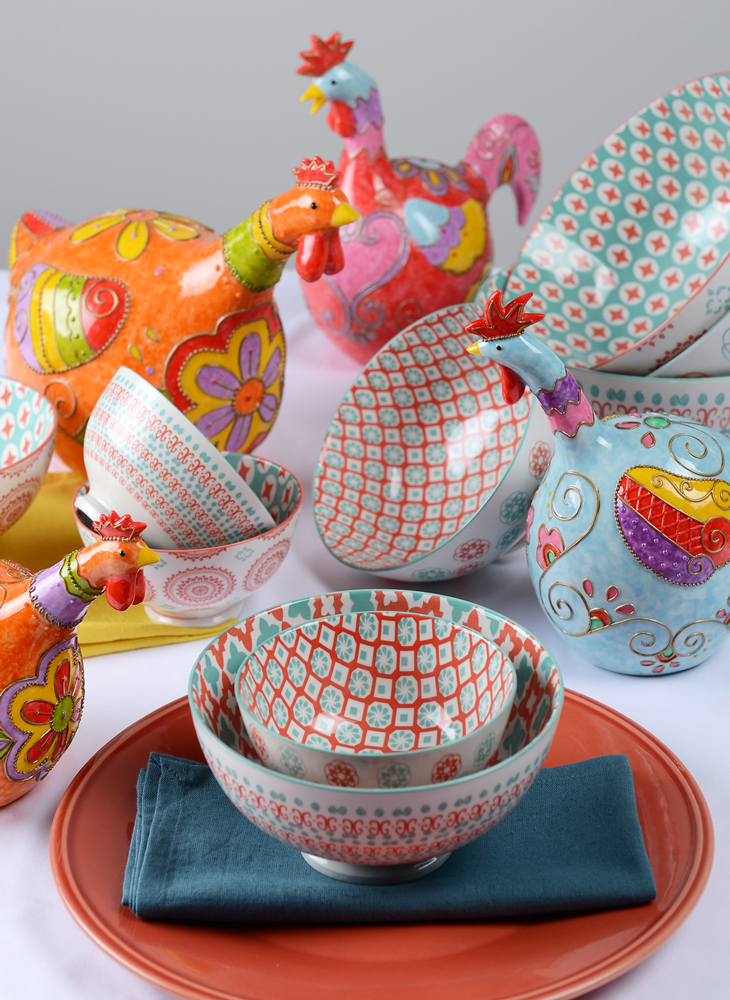 Lot de 3 bols décor graphique porcelaine tons orangés et turquoises ...