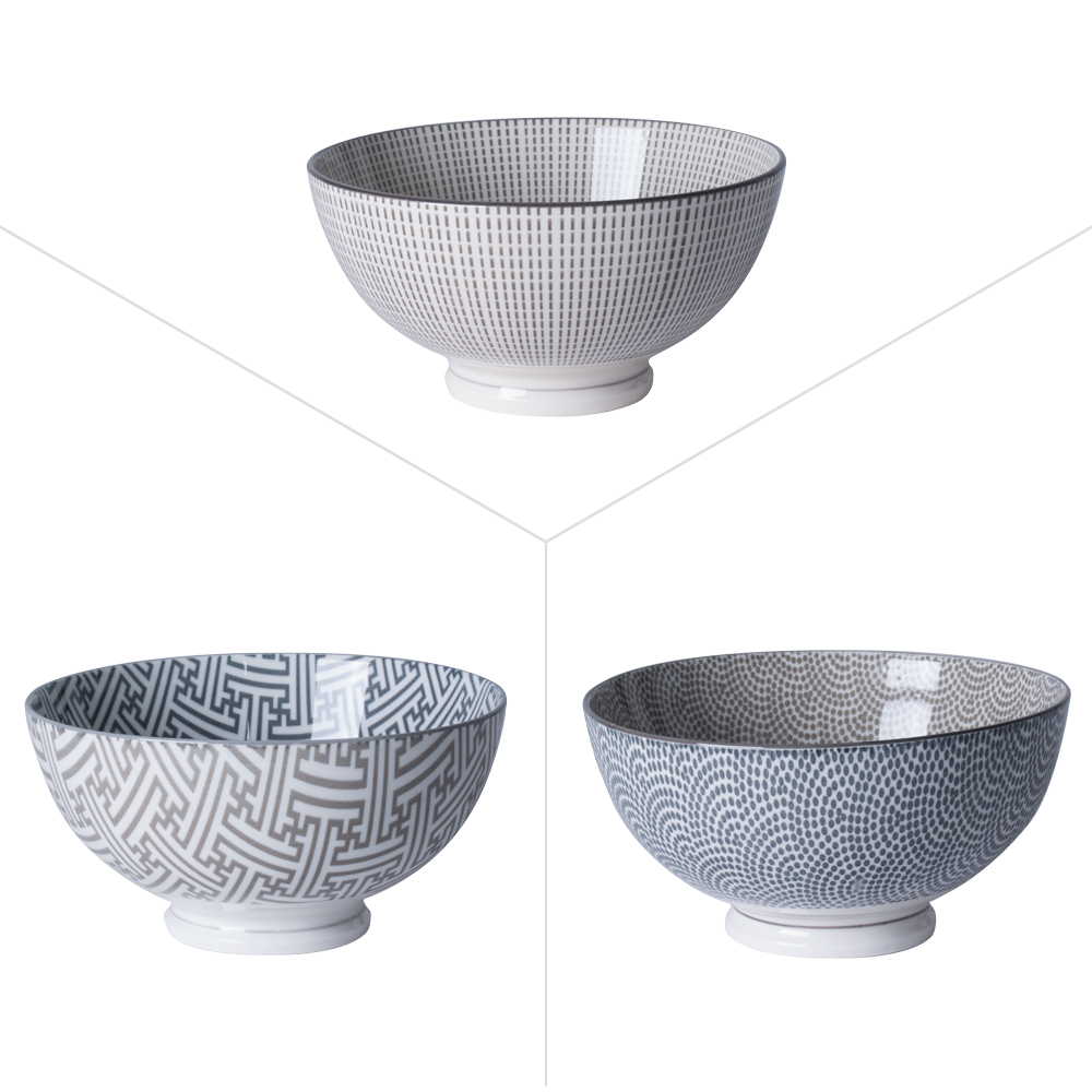 Lot de 3 bols décorés porcelaine tons gris D15xH10,5cm | Bols / Mugs ...