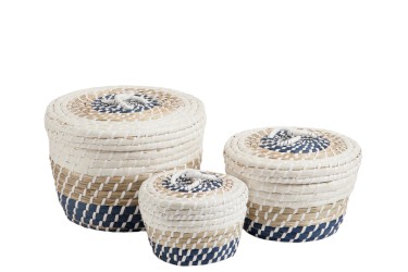 Panier rond avec couvercle en rotin naturel blanc et bleu D22xH14cm ...