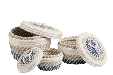 Panier rond avec couvercle en rotin naturel blanc et bleu D22xH14cm ...