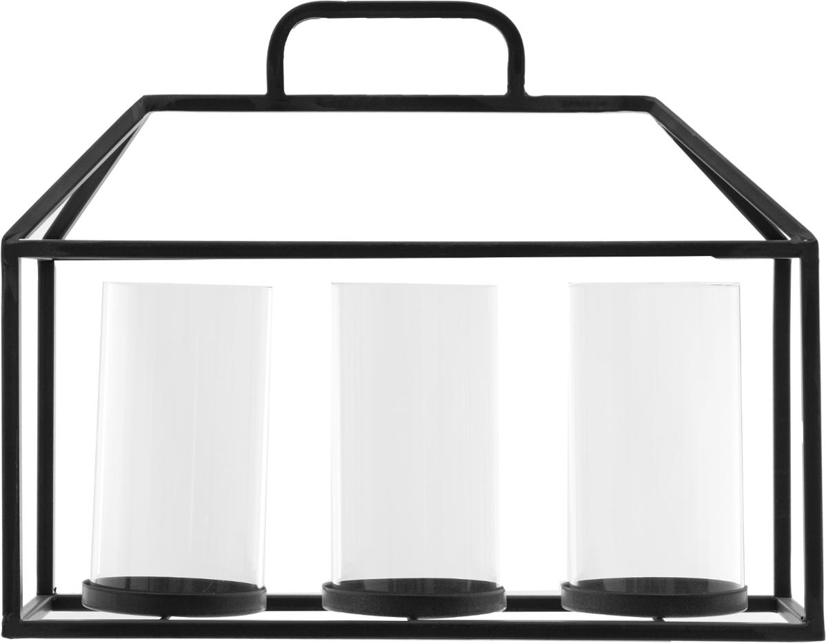 Photophore rectangle forme cage en métal noir avec 3 bougeoirs en métal ...