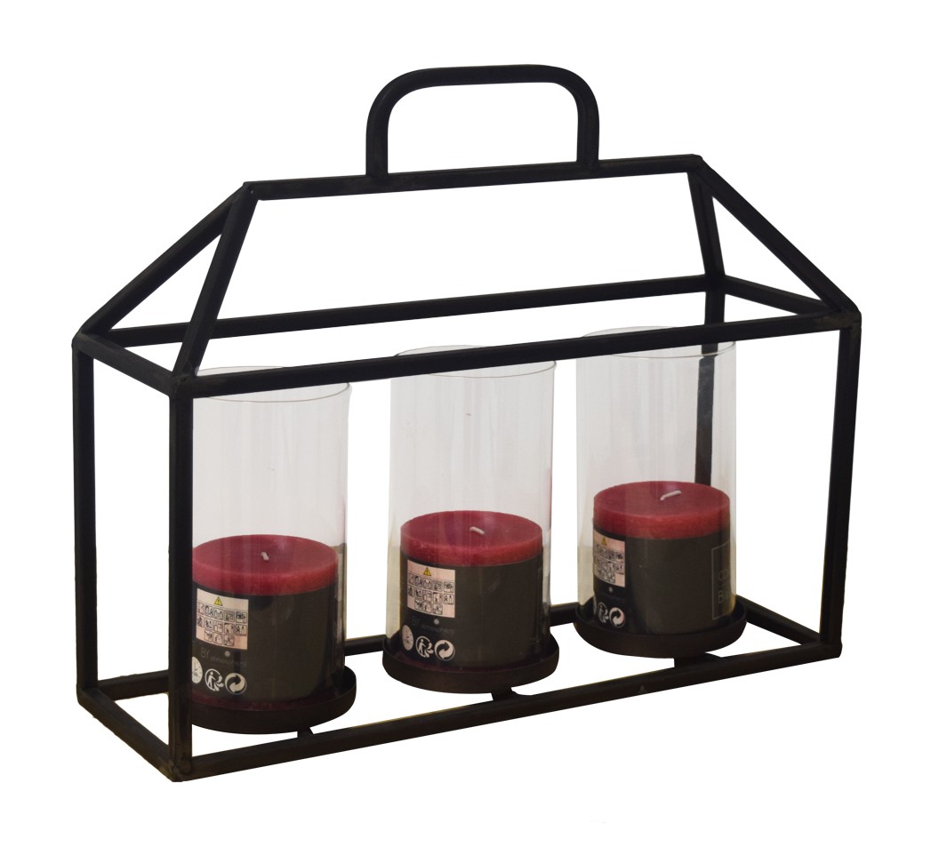 Photophore rectangle forme cage en métal noir avec 3 bougeoirs en métal ...