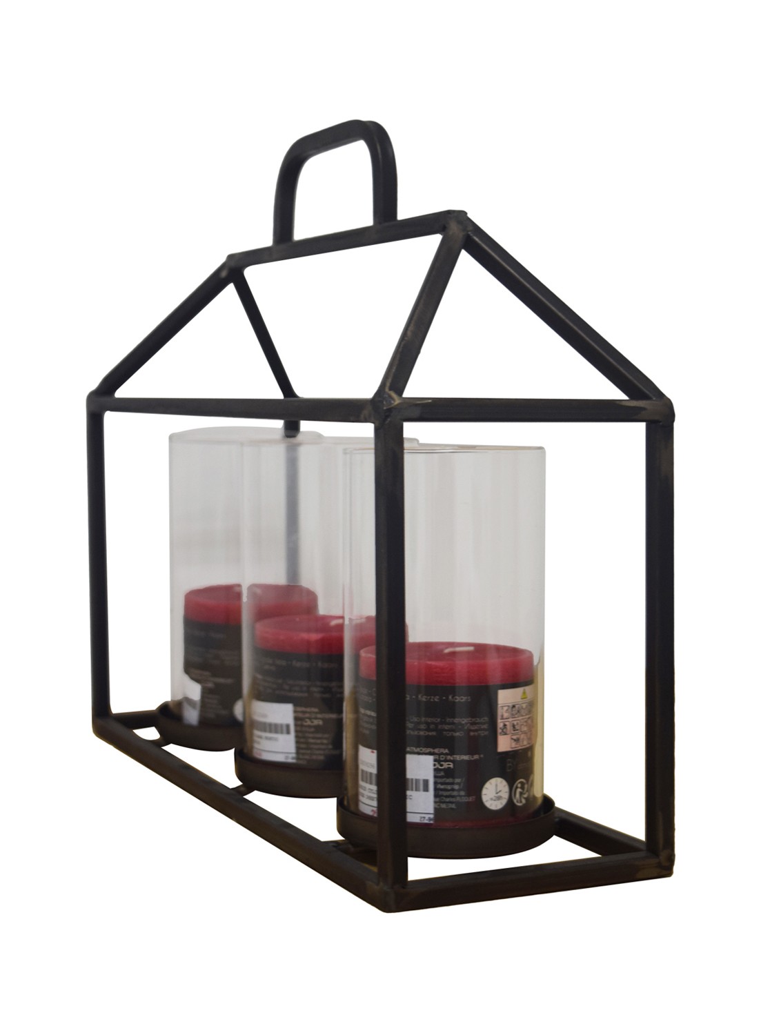 Photophore rectangle forme cage en métal noir avec 3 bougeoirs en métal ...