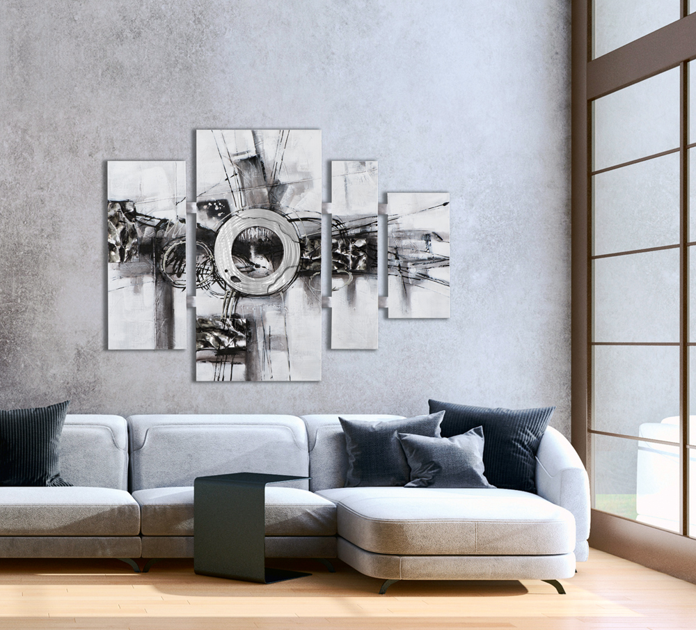 Tableau Abstrait Quadriptyque 115x159. Argenté. Ajout d'éléments métal en relief. Peinture ...