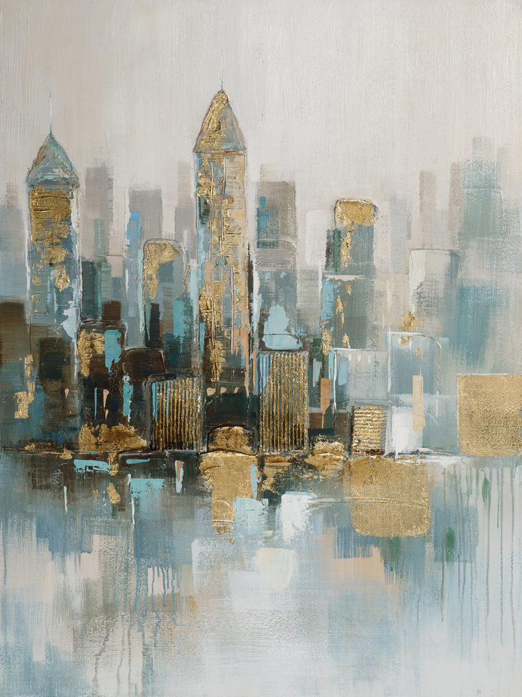 Tableau BUILDING façon ABSTRAIT tons bleus, gris et dorés avec feuilles ...